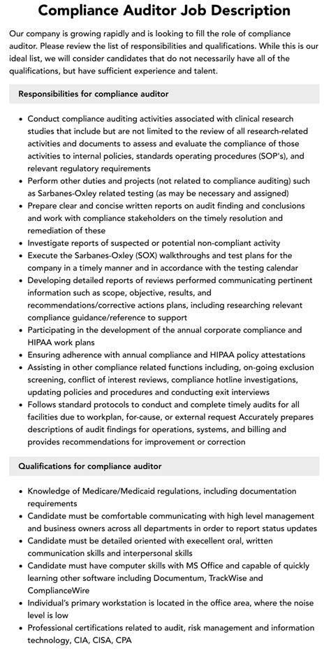 Compliance Auditor Job Description Velvet Jobs