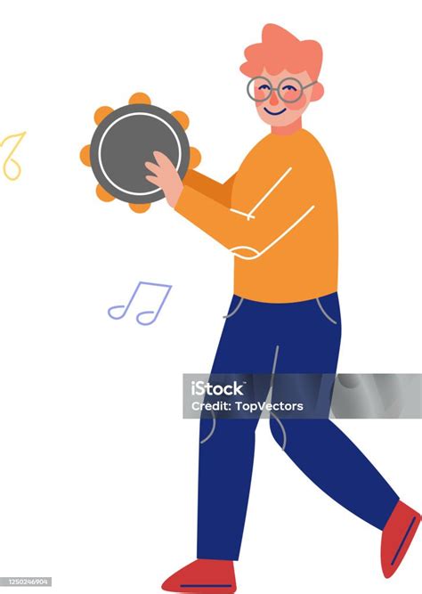 십대 소년 재생 탬버린 악기 흰색 배경에 젊은 재능있는 뮤지션 캐릭터 벡터 일러스트 Classical Concert에 대한 스톡