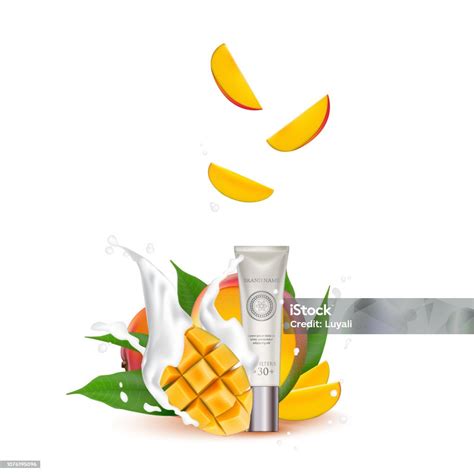 유기농 화장품 명품 포장 플라스틱 튜브입니다 망고 과일 화장품 크림 잡지 광고 제품입니다 3d 현실 포장 바디 스크럽입니다 튀는 크림 우유 라벨 디자인 일러스트입니다 3차원