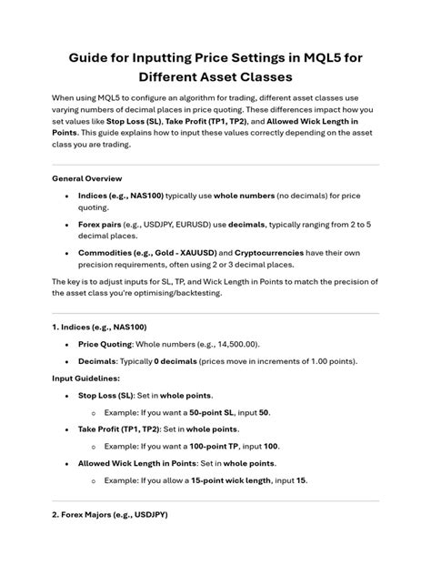 Guideforinputtingpricesettingsinmql5fordifferentassetclasses Pdf Significant