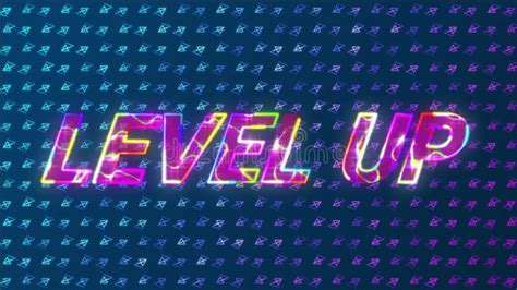 animation of glowing level up text over pattern background stock video