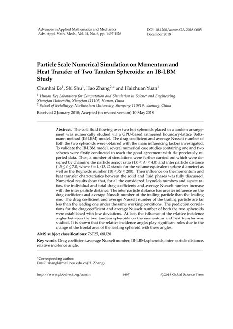 Global Science Press Particle Scale Numerical Simulation On Momentum And Heat Transfer Of Two
