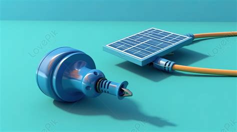 지속 가능한 에너지 고요한 파란색 배경에 있는 태양열 전원 플러그 태양 소켓 및 녹색 케이블의 매혹적인 3d 렌더링 지속 가능 배경 에너지 배경 플러그 배경 이미지