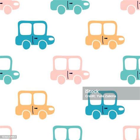 귀여운 손으로 그린 자동차와 매끄러운 패턴 흰색 배경에 만화 자동차 어린이 직물 섬유 포장지에 적합합니다 도시 교통 벡터 일러스트레이션을 플랫 스타일로 제공합니다 0명에