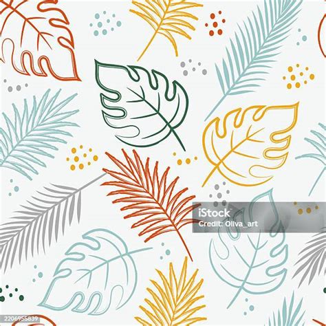 이국적인 열대 잎 완벽 한 패턴 몬스테라 야자수 낙서 브러시 스타일 배경입니다 여름 손으로 그린 컬러 크레용 요소 배경 0명에 대한 스톡 벡터 아트 및 기타 이미지 Istock
