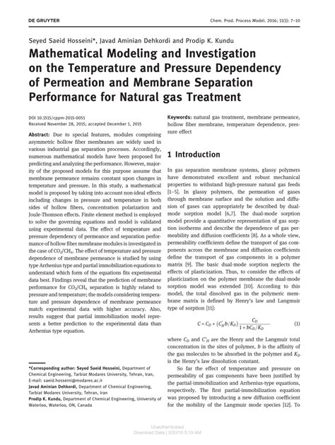 Pdf Mathematical Modeling And Investigation On The Temperature And Pressure Dependency Of