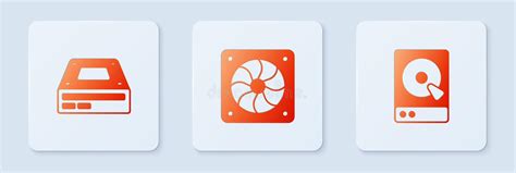 Set Computer Cooler Optical Disc Drive And Hard Disk HDD White Square Button Stock Vector