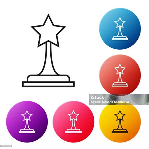 흰색 배경에 격리 된 검은 선 영화 트로피 아이콘입니다 아카데미 상 아이콘입니다 영화 및 영화 기호입니다 아이콘 다채로운 원 버튼을 설정합니다 벡터 일러스트레이션 개념에