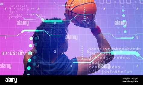 Rear View Of Biracial Male Player Taking Shot With Basketball On Grid