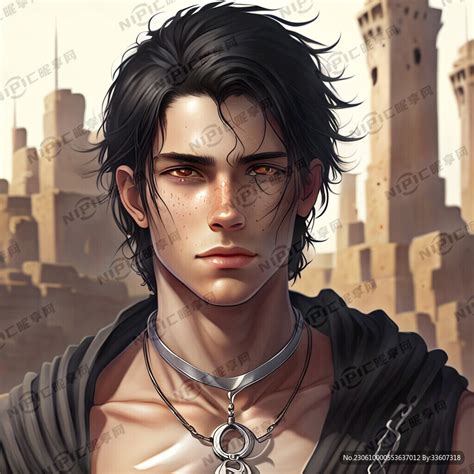 Ai创作图二次元 欧洲人 帅哥 少年感 黑头长发 棕色皮肤 银色眼睛 雀斑 金属项链 壮硕 肌肉男 废墟背景 黑色耳环 大耳环 胸肌饱满 昵图网