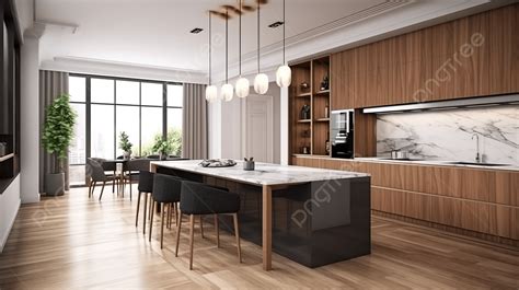 나무에 대리석 조리대가 있는 현대적인 주방 디자인 다이닝 인테리어가 있는 3d 렌더링 럭셔리 오픈 키친 고화질 사진 사진 내부 배경 일러스트 및 사진 무료 다운로드