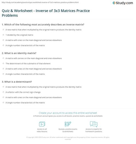 Quiz And Worksheet Inverse Of 3x3 Matrices Practice Problems
