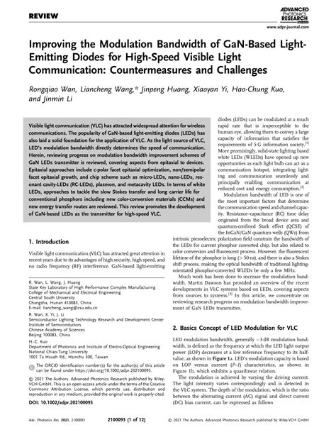 Pdf Improving The Modulation Bandwidth Of Gan‐based Light‐emitting Diodes For High‐speed