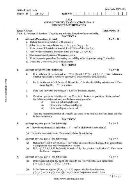 Mca 1 Sem Discrete Mathematics Rca103 2020 Pdf