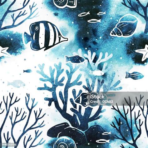 수채화 벡터 실루엣 바다 바닥 물고기 해초 바다 조개와 세련된 원활한 패턴 모든 요소 텍스처는 개별 개체입니다 텍스타일 프린트 페이지 채우기 포장지 웹 긴코나비고기에 대한