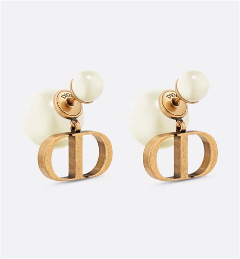 Dior Tribales Earrings Antique Gold Finish Metal And White Resin Pearls