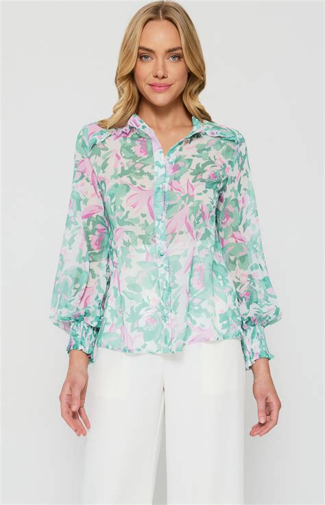 Floral Printed Sheer Chiffon Shirt With Ruffle Details Sto654b