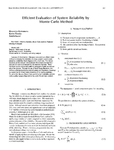 Pdf Efficient Evaluation Of System Reliability By Monte Carlo Method