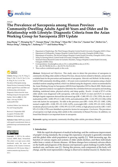 Pdf The Prevalence Of Sarcopenia Among Hunan Province Community Dwelling Adults Aged 60 Years