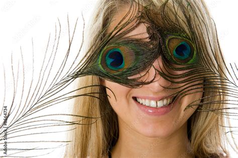 Surprised Girl With Open Mouth Peacock A Feather Closes Eye Stock