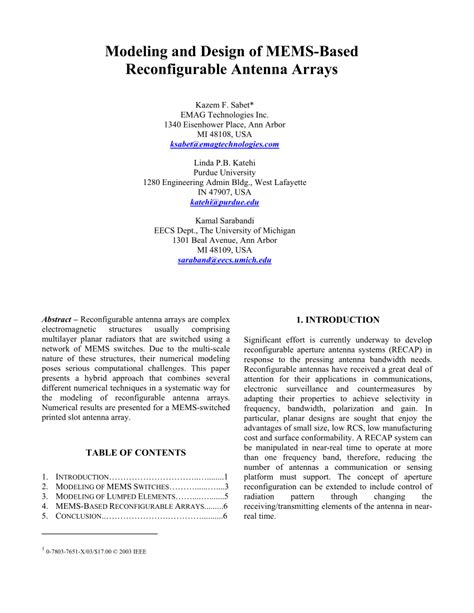 Pdf Modeling And Design Of Mems Based Reconfligurable Antenna Arrays