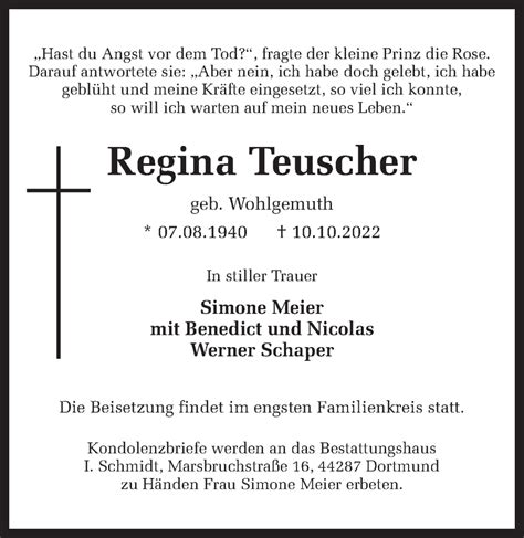 Traueranzeigen Von Regina Teuscher Sich Erinnern De