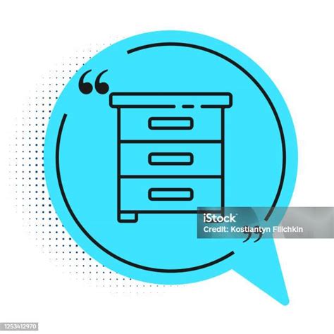 흰색 배경에 격리 된 문서 아이콘이있는 검은 색 줄 서랍 아카이브 서류 서랍 파일 캐비닛 서랍 사무용 가구 파란색 음성 버블