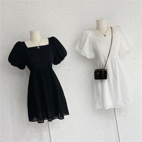 다닝 100장돌파사랑스러워 펀칭 레이스 아방핏 스퀘어넥 린넨 벌룬 퍼프 반팔 플레어 미니 원피스 2color