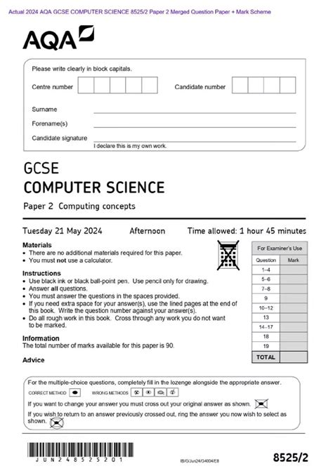 Actual 2024 AQA GCSE COMPUTER SCIENCE 8525 1C Paper 1 Computational