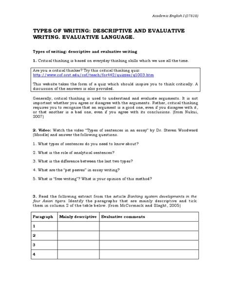 Types Of Writing Descriptive And Evaluative Writing Evaluative
