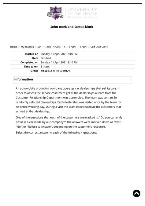 Math 1280 Self Quiz Unit 1 Attempt Review Started On Sunday 11 April 2021 909 Pm State