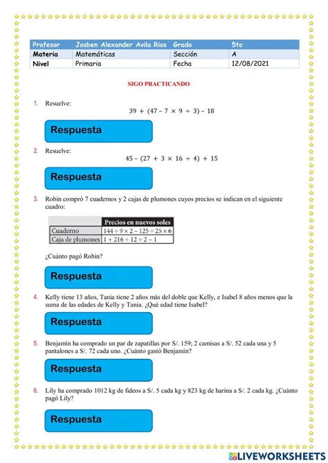 Operaciones Combinadas Online Exercise For Quinto De Primaria Live Worksheets