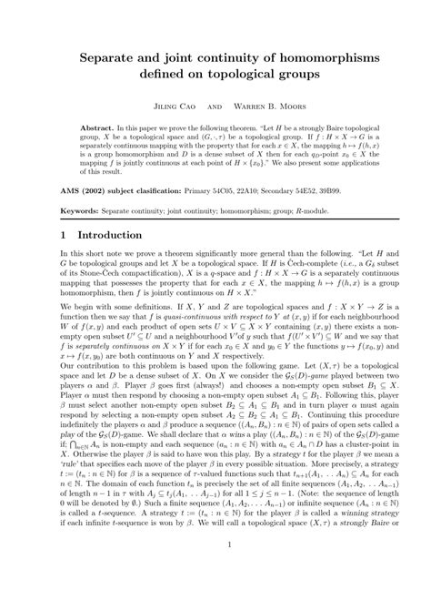 Pdf Separate And Joint Continuity Of Homomorphisms Defined On Topological Groups