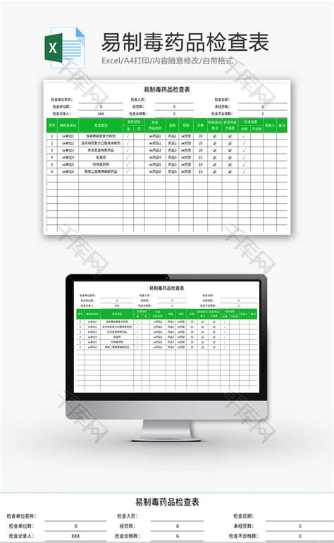 易制毒药品检查表excel模板 千库网 Excelid：183414