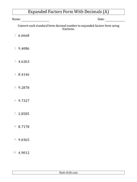 Fillable Online Decimals Worksheet Converting Standard Form Decimals To Expanded Factors Form