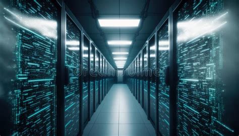 Corridor Of Data Center With Racks Of Server Computer For Cloud Computing Data Stock