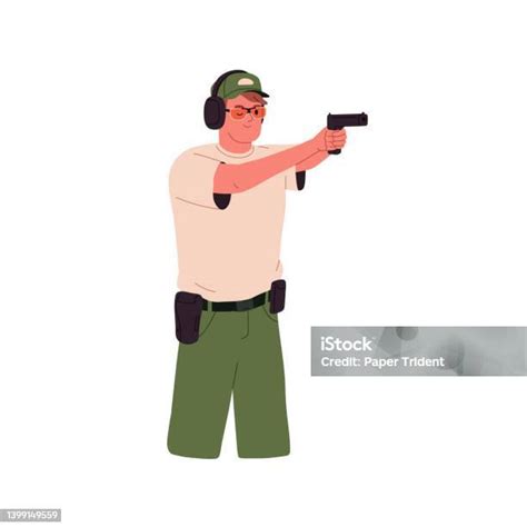 권총 총을 들고 목표물을 겨냥한 남자 사수 헤드폰과 권총을 손에 쏘고 총기로 목표를 가리키는 사람 흰색 배경에 격리된 플랫 벡터 일러스트 레이 션 가리키기에 대한 스톡 벡터