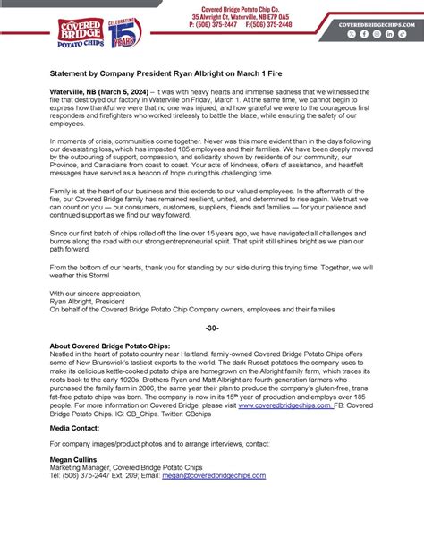 Covered Bridge Potato Chips President Releases Statement Following March 1 Fire