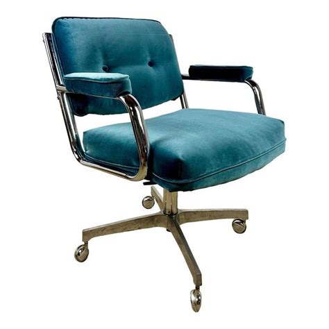 Vintage 1970s Chromcraft Office Desk Chair Restored In Teal Fabric