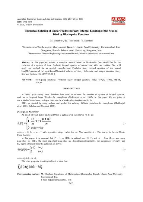 Pdf Numerical Solution Of Linear Fredholm Fuzzy Integral Equation Of The Second Kind By Block