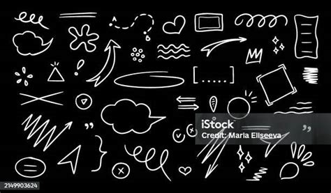 밑줄 강조 아이콘 말풍선 화살표 및 도형을 스케치합니다 손으로 그린 브러시 스트로크 강조 표시 밑줄 반짝임 요소 검은 배경에 벡터 일러스트 레이 션 가리키기에 대한 스톡