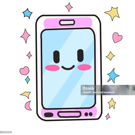 흰색 배경에 분리된 귀여운 분홍색 행복한 스마트폰을 위한 수채화와 그림 아이콘 그림의 디지털 페인팅입니다 사회와 기술 개념 만화에 대한 스톡 벡터 아트 및 기타 이미지