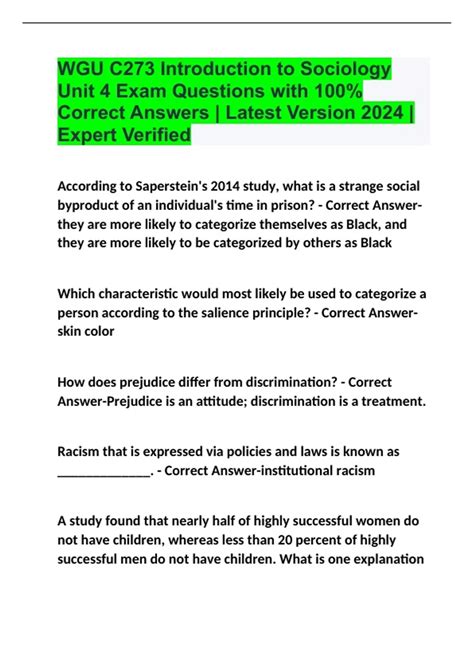 WGU C273 Introduction To Sociology Unit 4 Exam Questions With 100 Correct Answers Latest