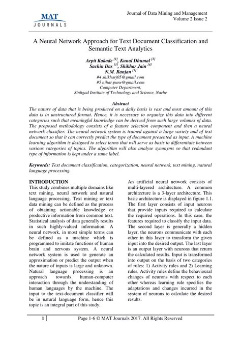 pdf a neural network approach for text document classification and semantic text analytics