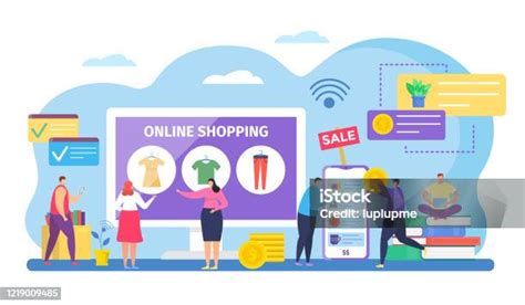 온라인 벡터 일러스트를 쇼핑하는 사람들 흰색으로 고립 된 모바일 앱에서 인터넷 판매에서 옷을 사는 만화 작은 쇼핑객 캐릭터 가공의 인물에 대한 스톡 벡터 아트 및 기타