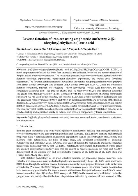 Pdf Reverse Flotation Of Iron Ore Using Amphoteric Surfactant 2 2 Decyloxyethylamino