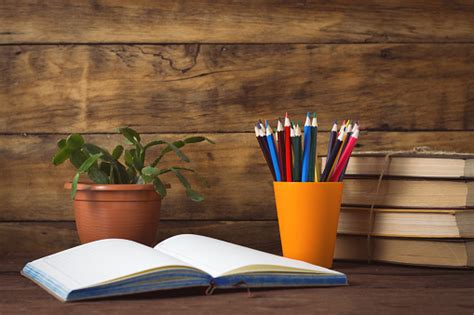 열린 노트북 책 더미 플라스틱 유리에 색깔연필 냄비에 꽃 나무 배경에 0명에 대한 스톡 사진 및 기타 이미지 0명 공란 교육 Istock