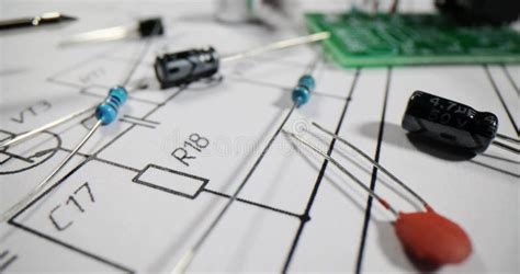 Electronic Processor Board And Radio Components Against Background Of Circuit Diagram Stock