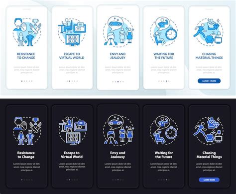 행복 장애물 빛과 어둠 온보딩 모바일 앱 페이지 화면 개념이 포함된 5단계 그래픽 지침을 연습합니다 선형 야간 및 주간 모드 일러스트레이션이 있는 Ui Ux Gui