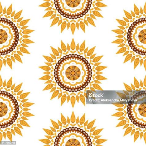 해바라기 꽃 이음새가 없는 무늬 자연을 모티브로 한 민속 일러스트 장식 1960 1969 년에 대한 스톡 벡터 아트 및 기타 이미지 1960 1969 년 고풍스런